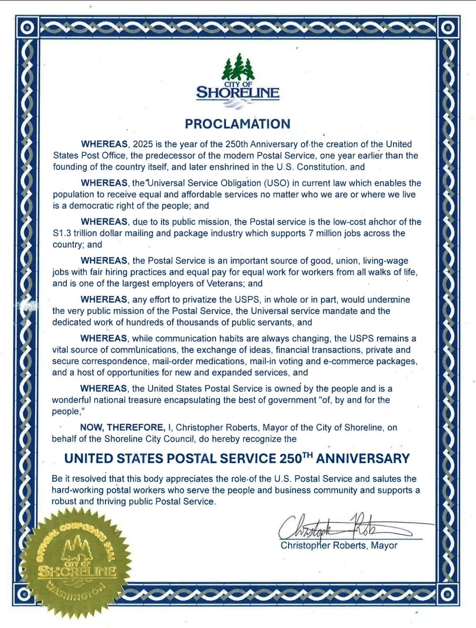 Shoreline Washington Signs Proclamation Celebrating 250 Years of Public ...
